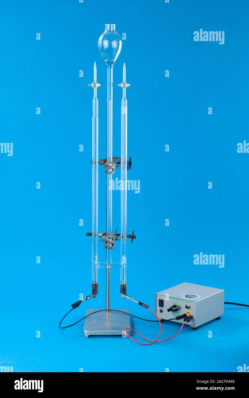 Electrolysis of water. Hoffman Voltameter used to decompose molecules of water. A power supply ...