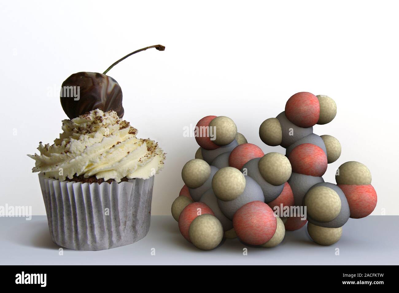 Sugary foods, conceptual image. Molecular model of sucrose next to a ...