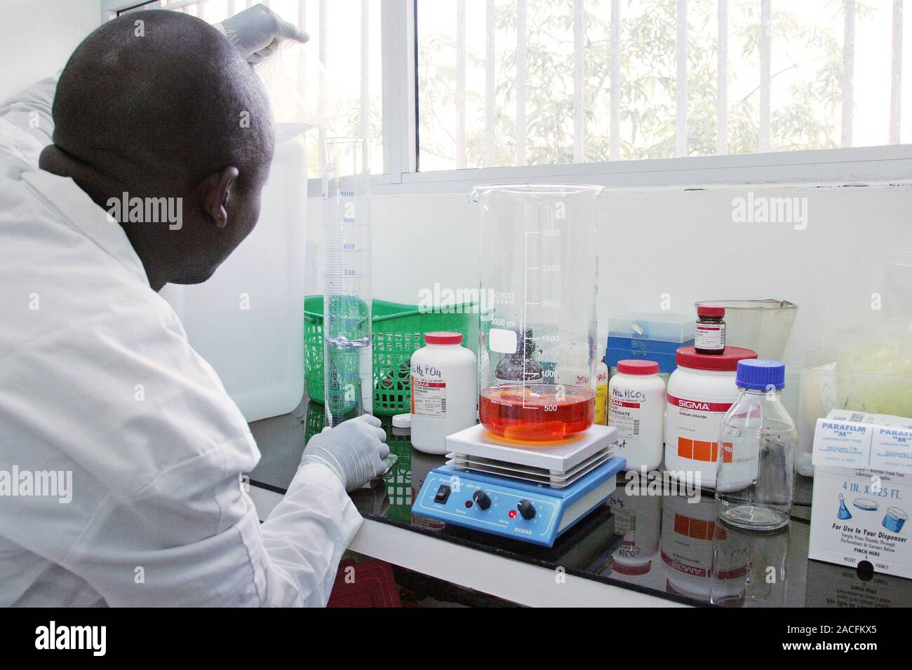 Malaria research, Africa. Researcher preparing a culture medium for the ...