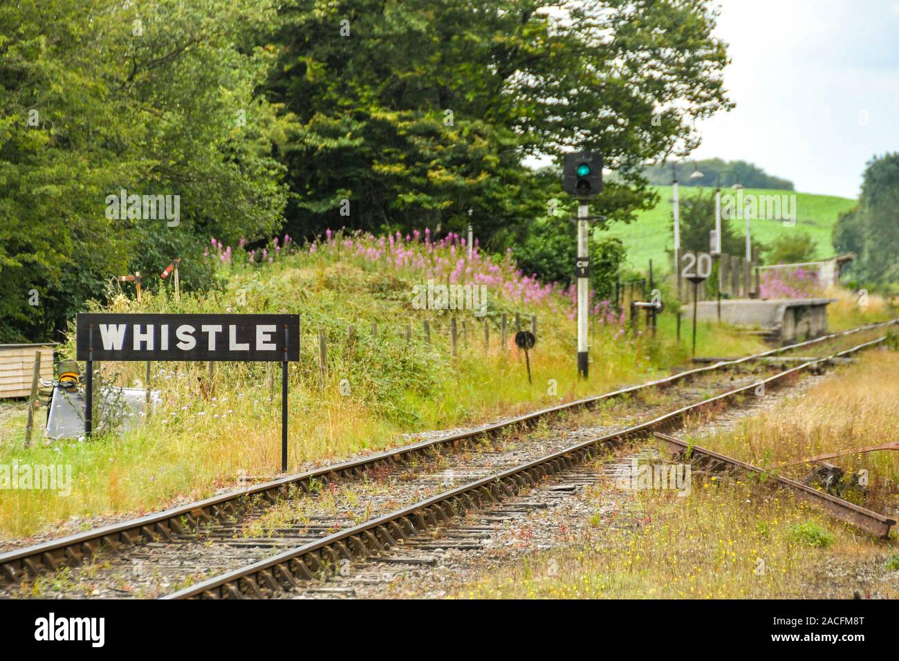 CRANMORE, ENGLAND - JULY 2019: Whistle sign for train drivers at the ...