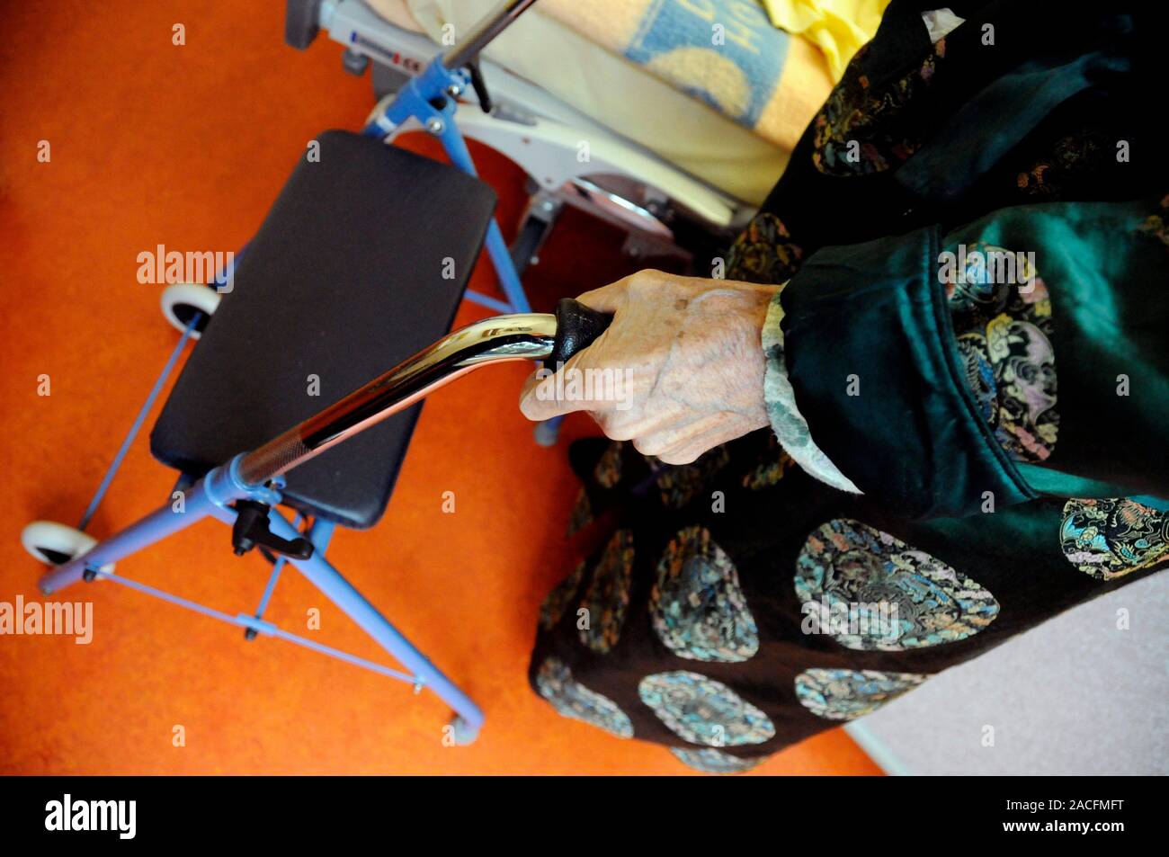Elderly male patient uses a walking frame for support in the ward of a ...