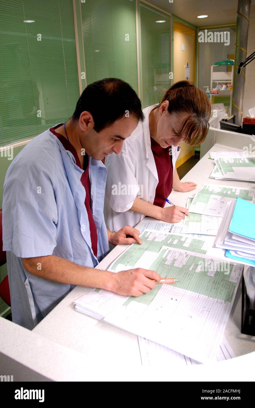 Doctor and nurse at a workstation with medical records in an intensive ...