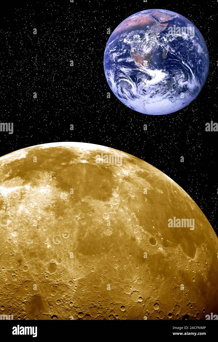 Moon and Earth. Computer artwork of the Earth rising behind the moon ...