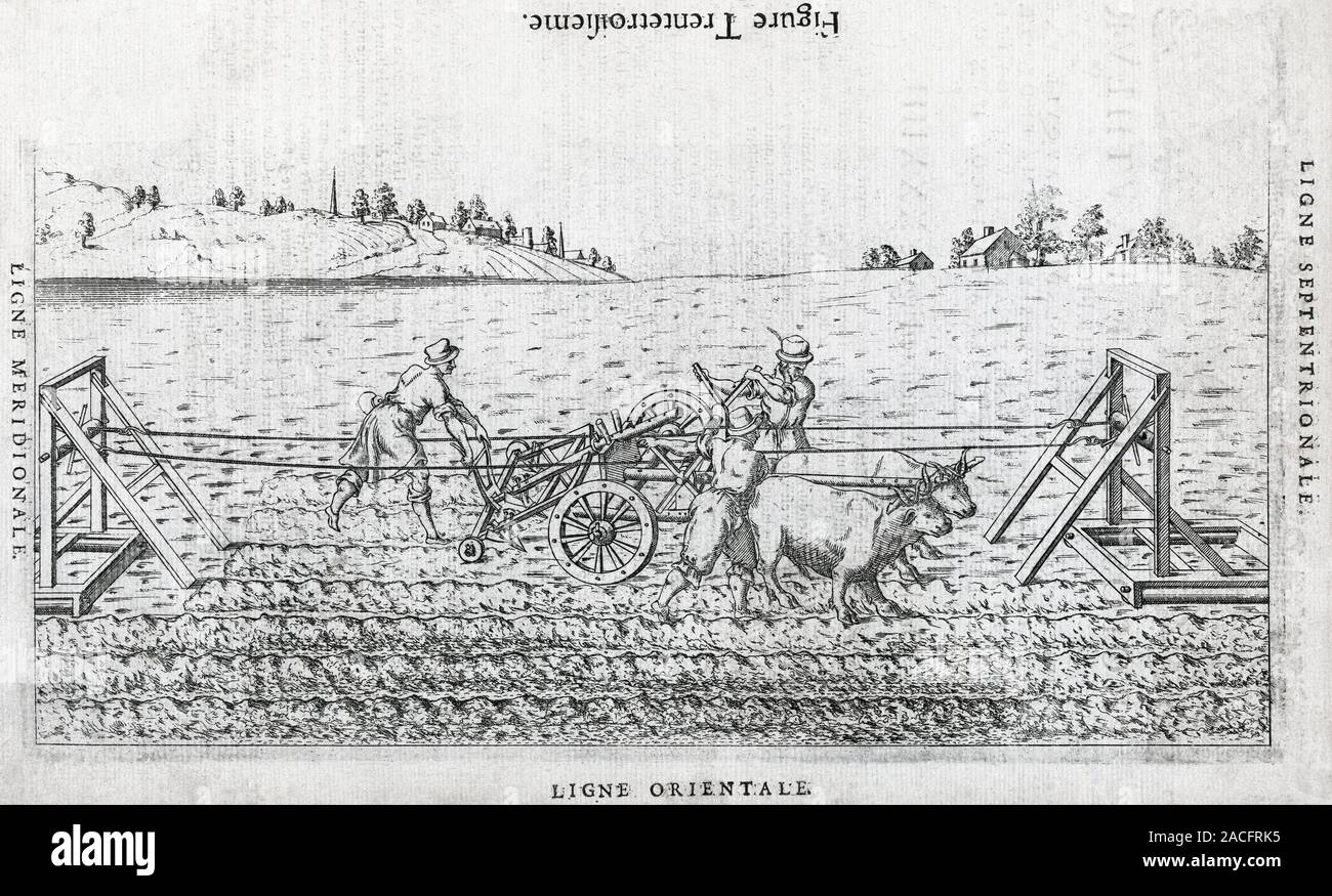 Mechanised plough, 16th century artwork. This plough uses both oxen and ...
