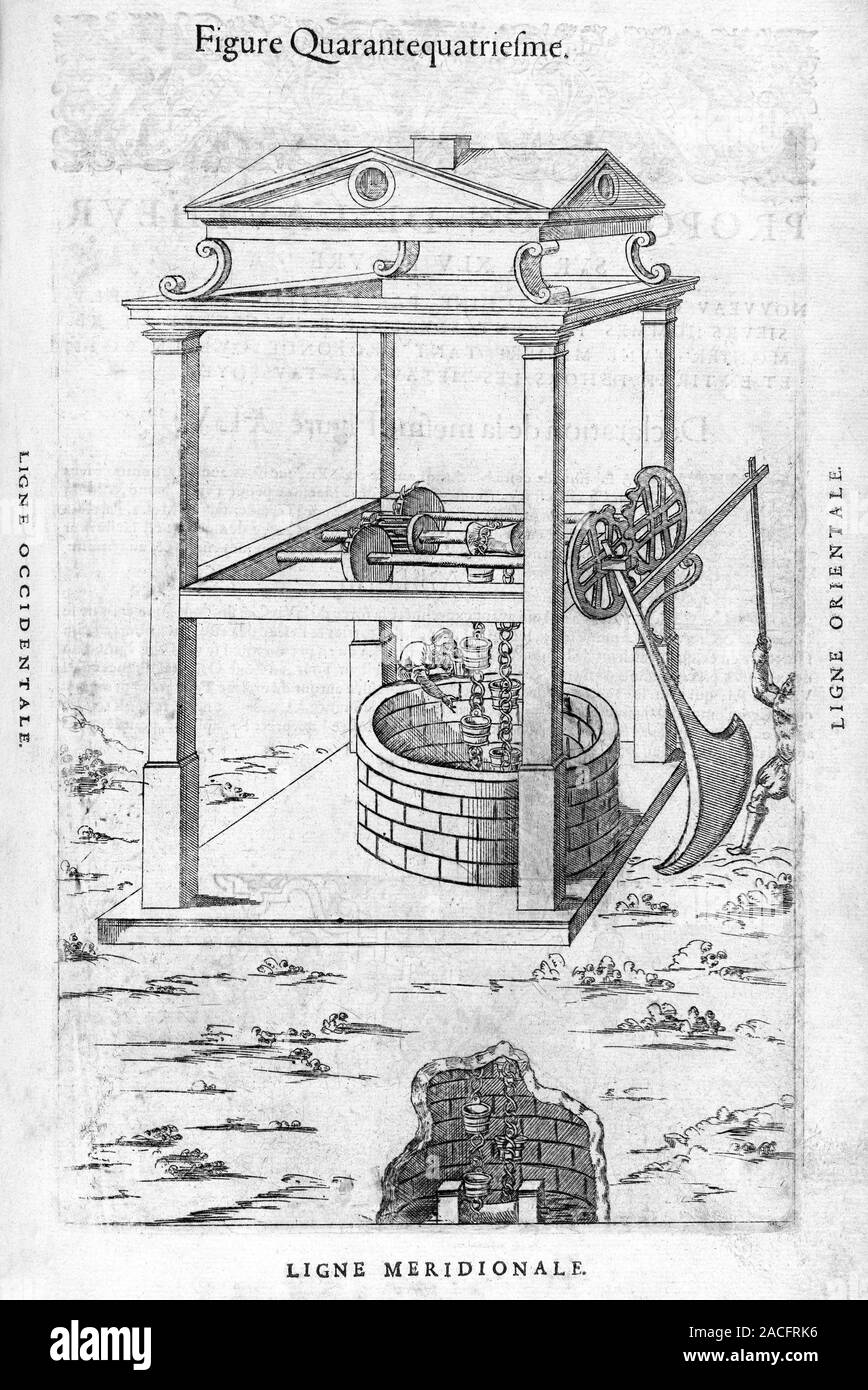 Well crank and pulley system, 16th century artwork. The man at right is ...