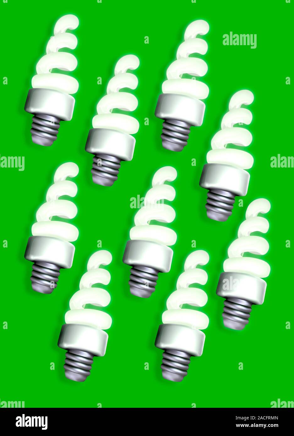 Energy-saving light bulbs. Computer artwork of conical shaped energy ...