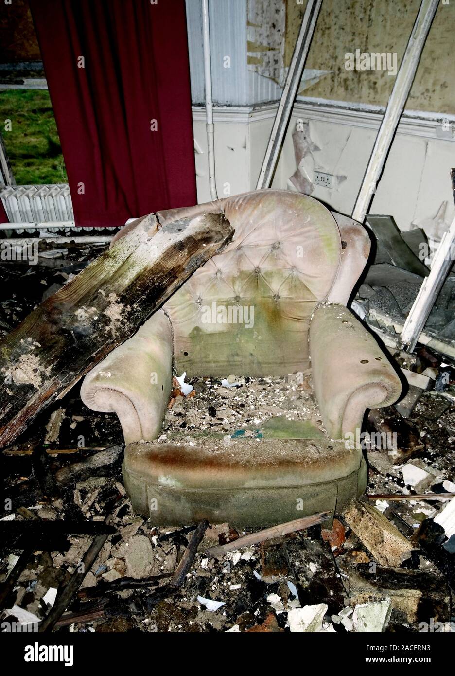 Fire destruction. Room of a house that has been destroyed by a fire ...