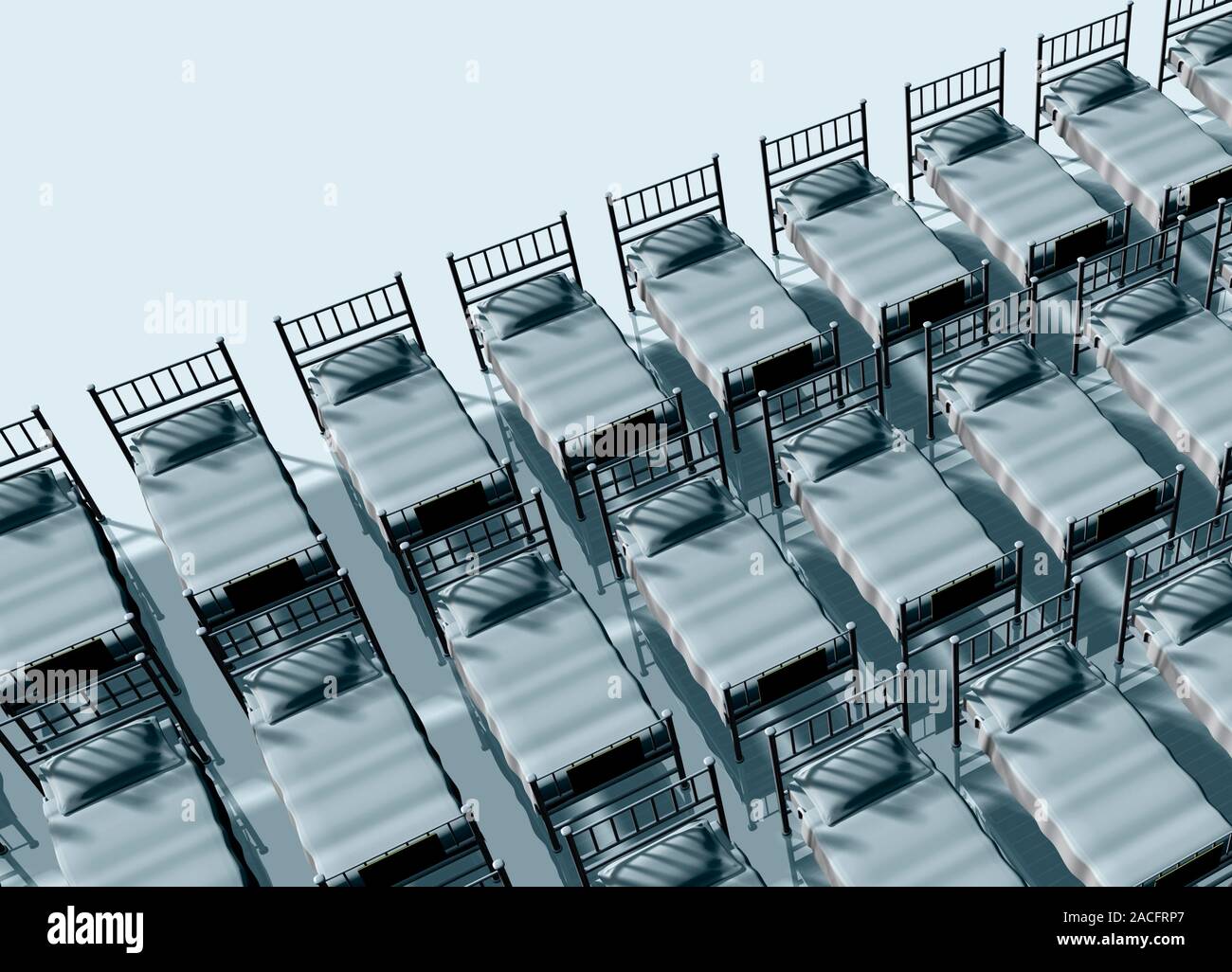 Hospital overcrowding, conceptual artwork. Computer artwork of rows of ...