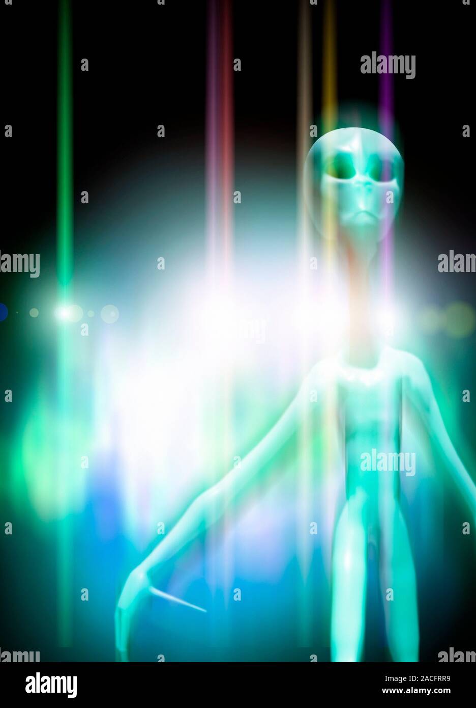 Alien. Computer artwork of a humanoid alien emerging from bright lights ...