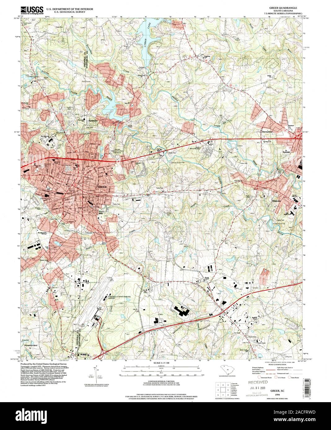 USGS TOPO Map South Carolina SC Greer 261077 1994 24000 Restoration ...
