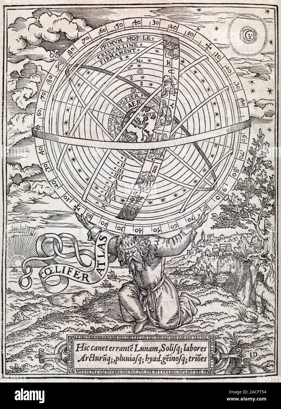 Atlas cosmology, 16th century artwork. Atlas with the Earth on his ...