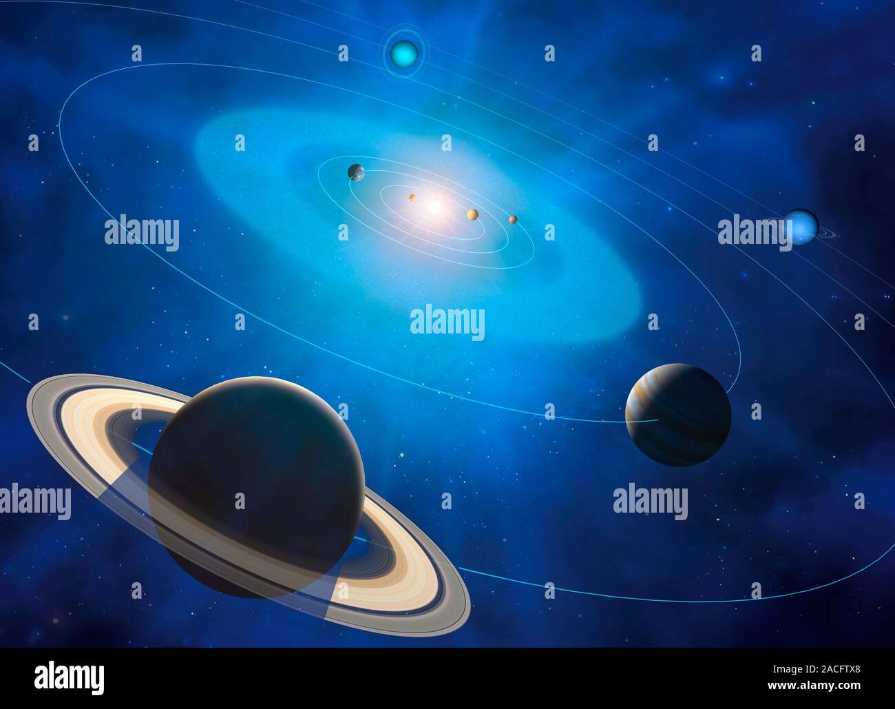 Solar system planetary orbits. Artwork of the planets of the solar ...