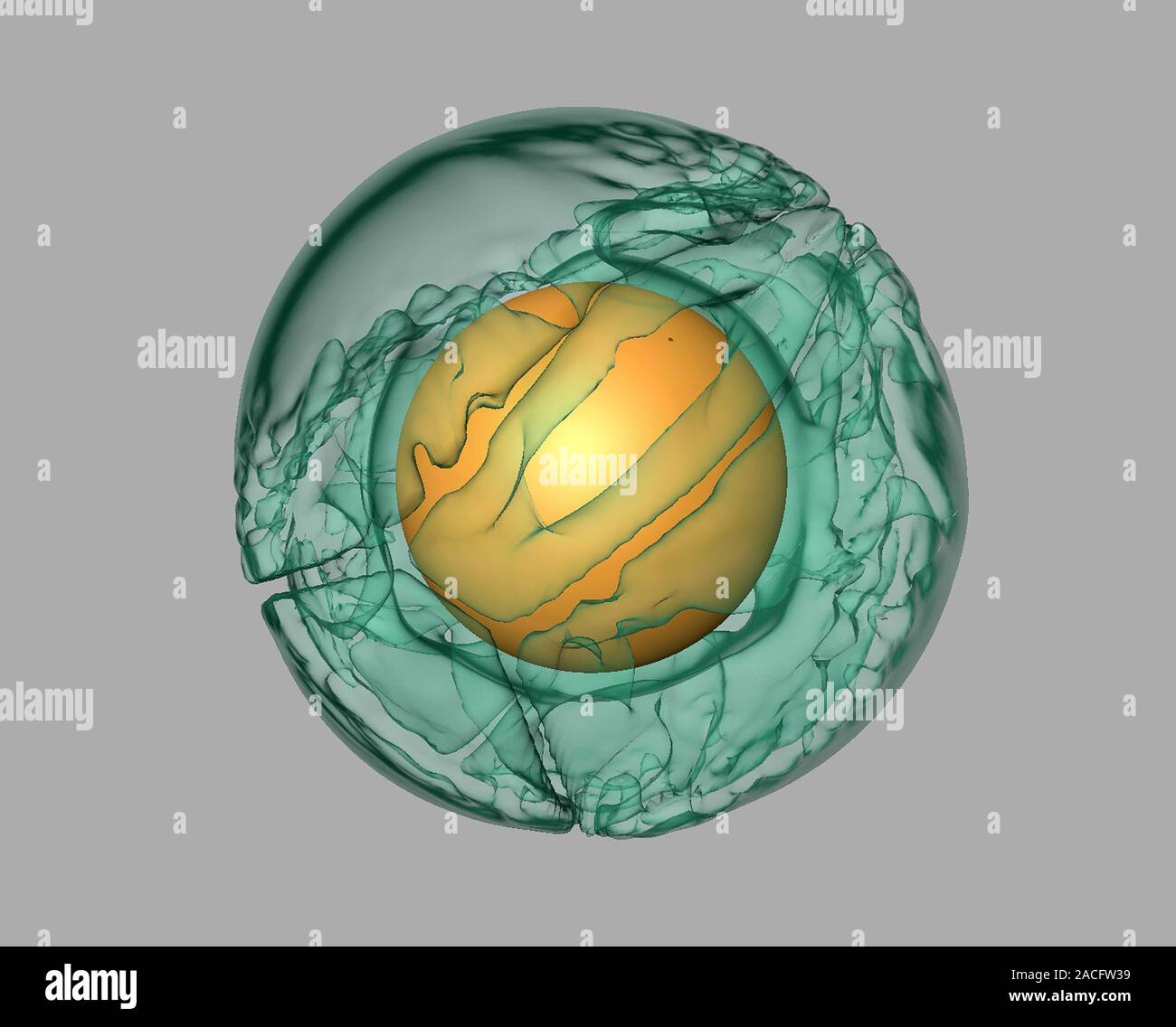 Mantle convection. 3-D computer model showing plumes of magma (dark ...