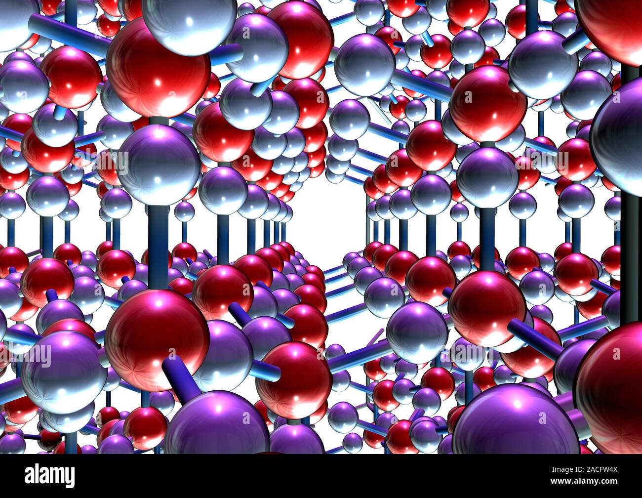 Ice. Molecular model showing the hexagonal structure of ice. Atoms are ...