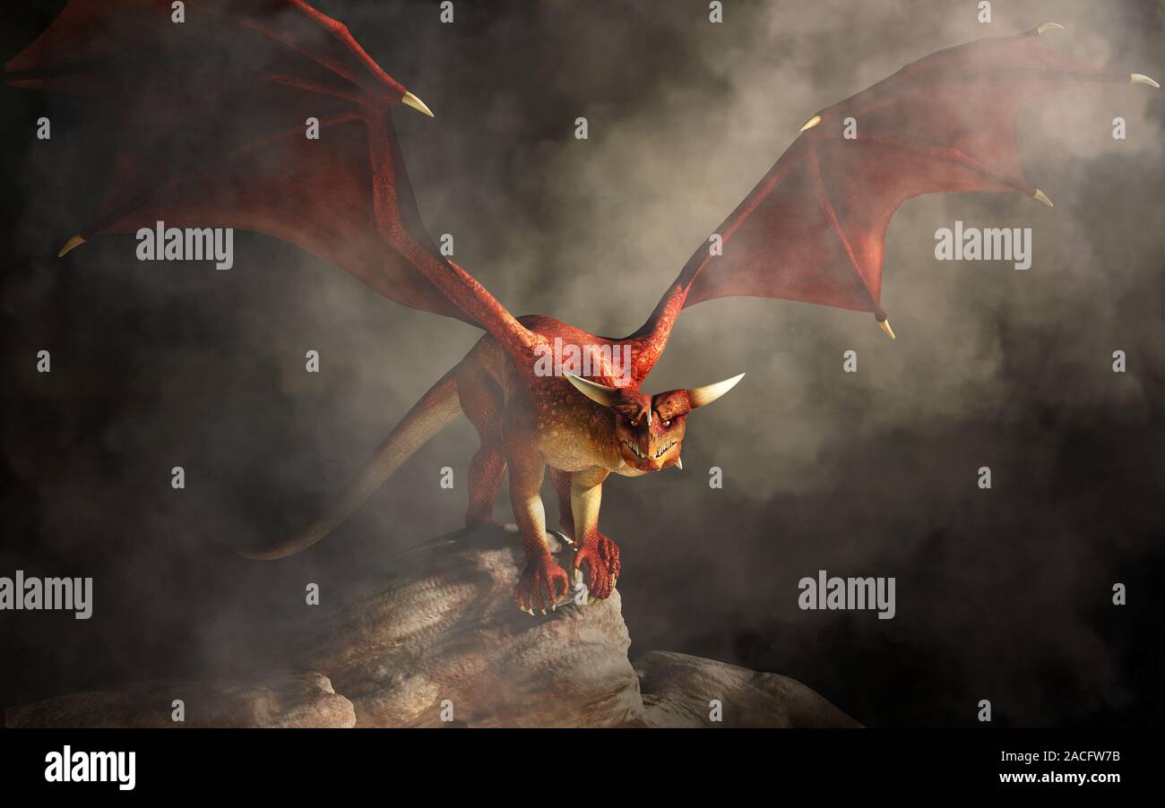 Among dark smoke and mist, a huge red dragon is perched on a pile of ...