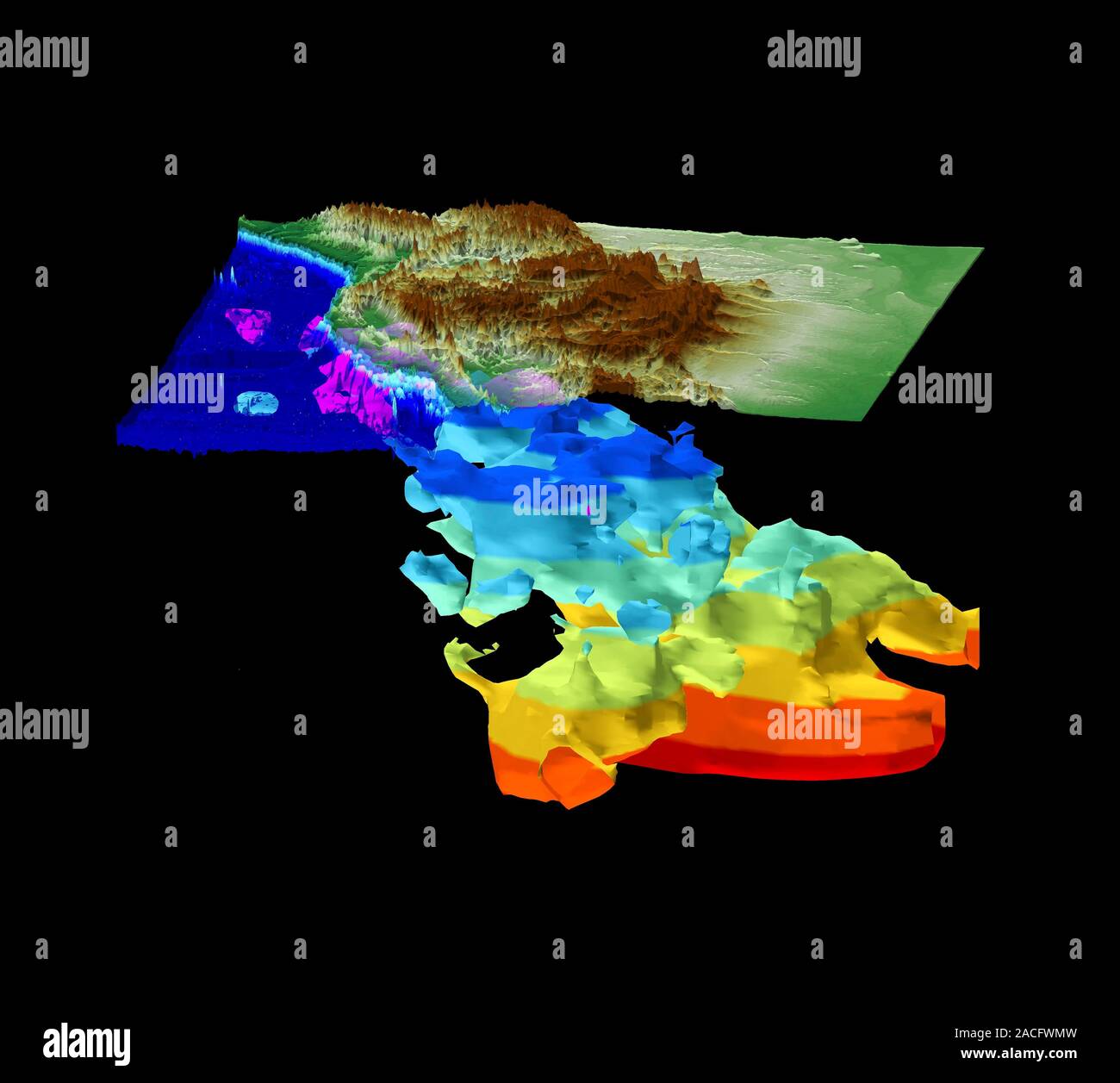 Farallon plate. 3-D computer model of a seismically active slab of the ...