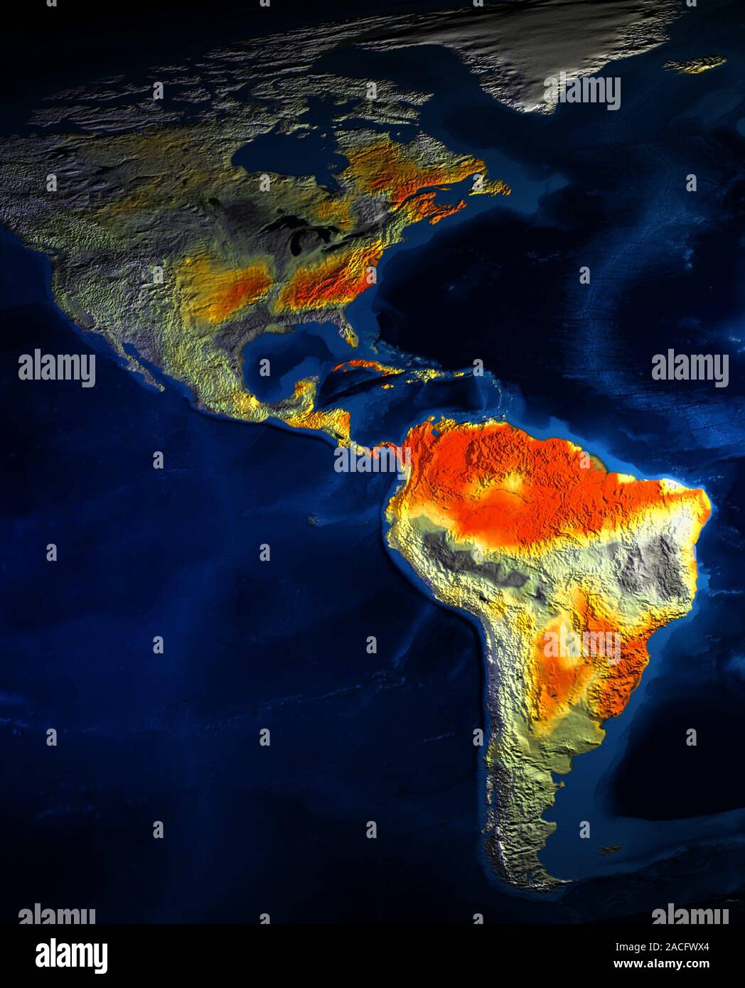 North and South America climate model. Computer model showing the net ...