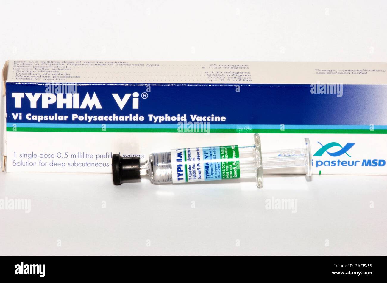 Syringe containing Typhim Vi typhoid vaccine. This vaccine contains ...