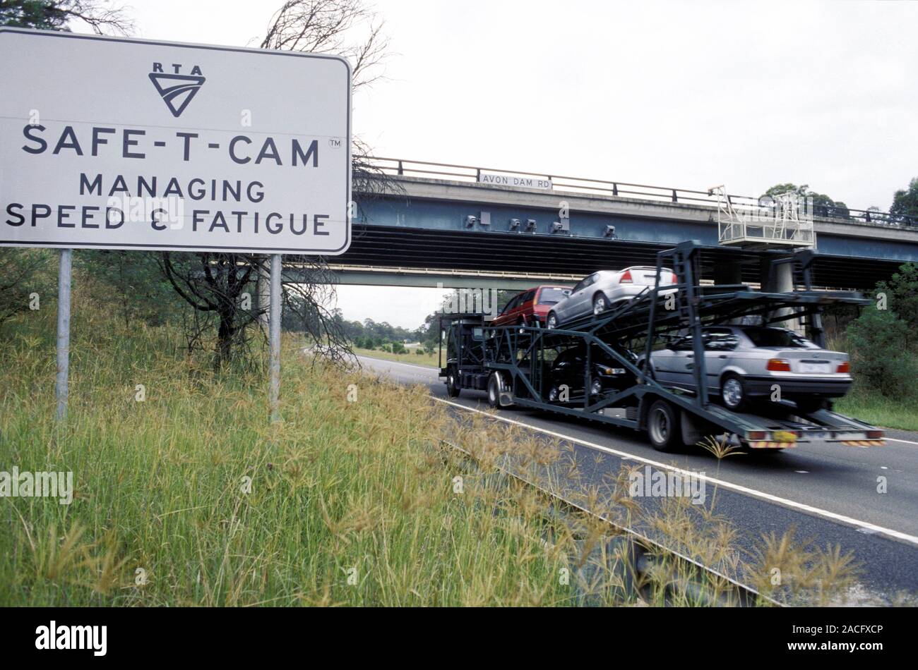 Road safety system. Road sign informing drivers that the cameras on the ...