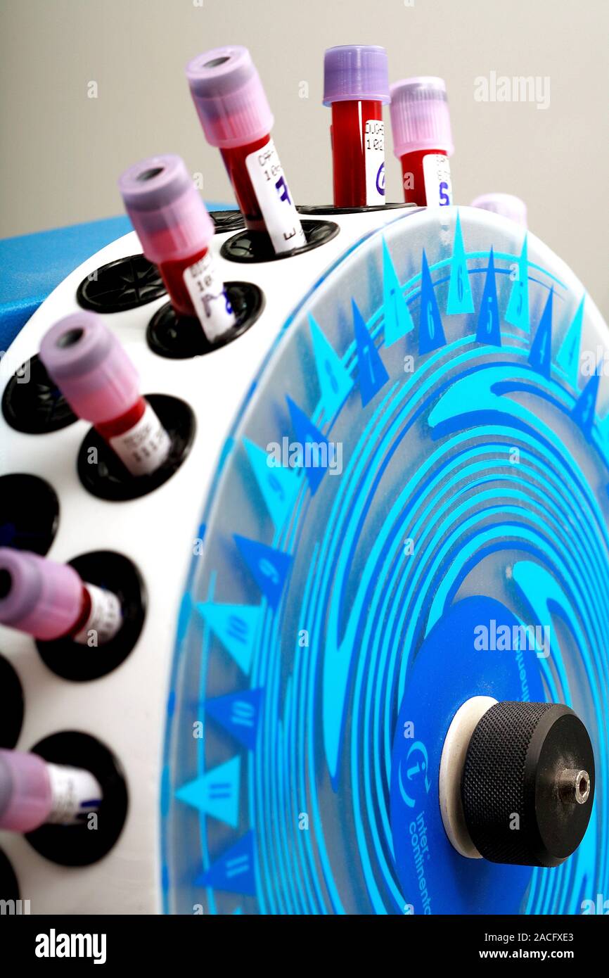 Rotary blood agitator. This device holds test-tubes of blood taken from ...