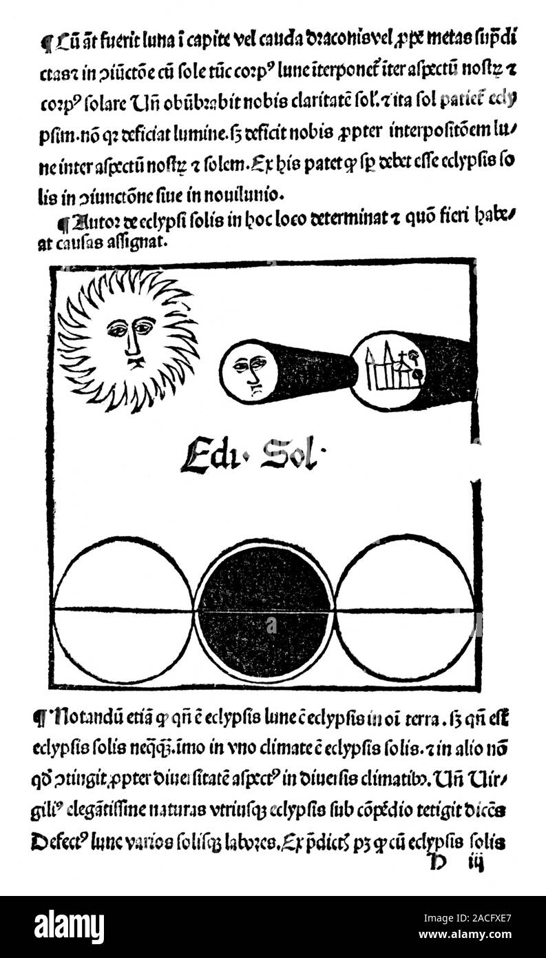 Solar eclipse. Historical artwork with Latin text showing how the ...
