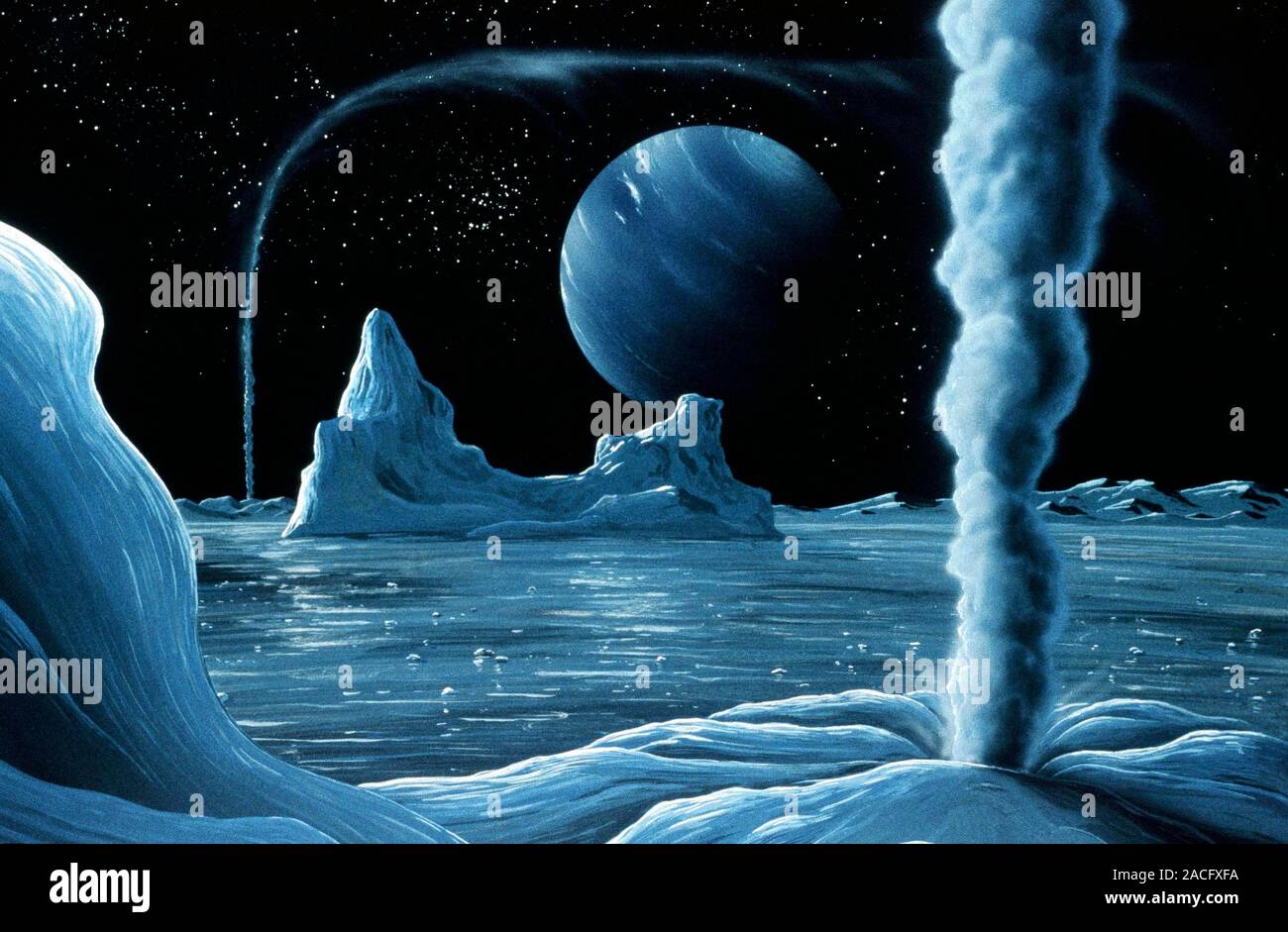 Ice volcanoes on Triton, artwork. Triton is the largest moon of the ...