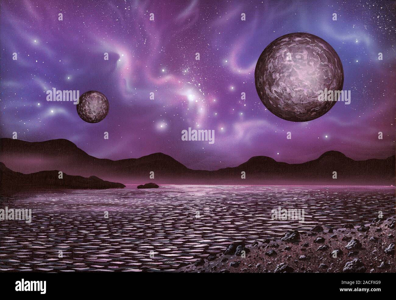 Alien landscape. Artwork of a lake and mountains on an alien planet ...