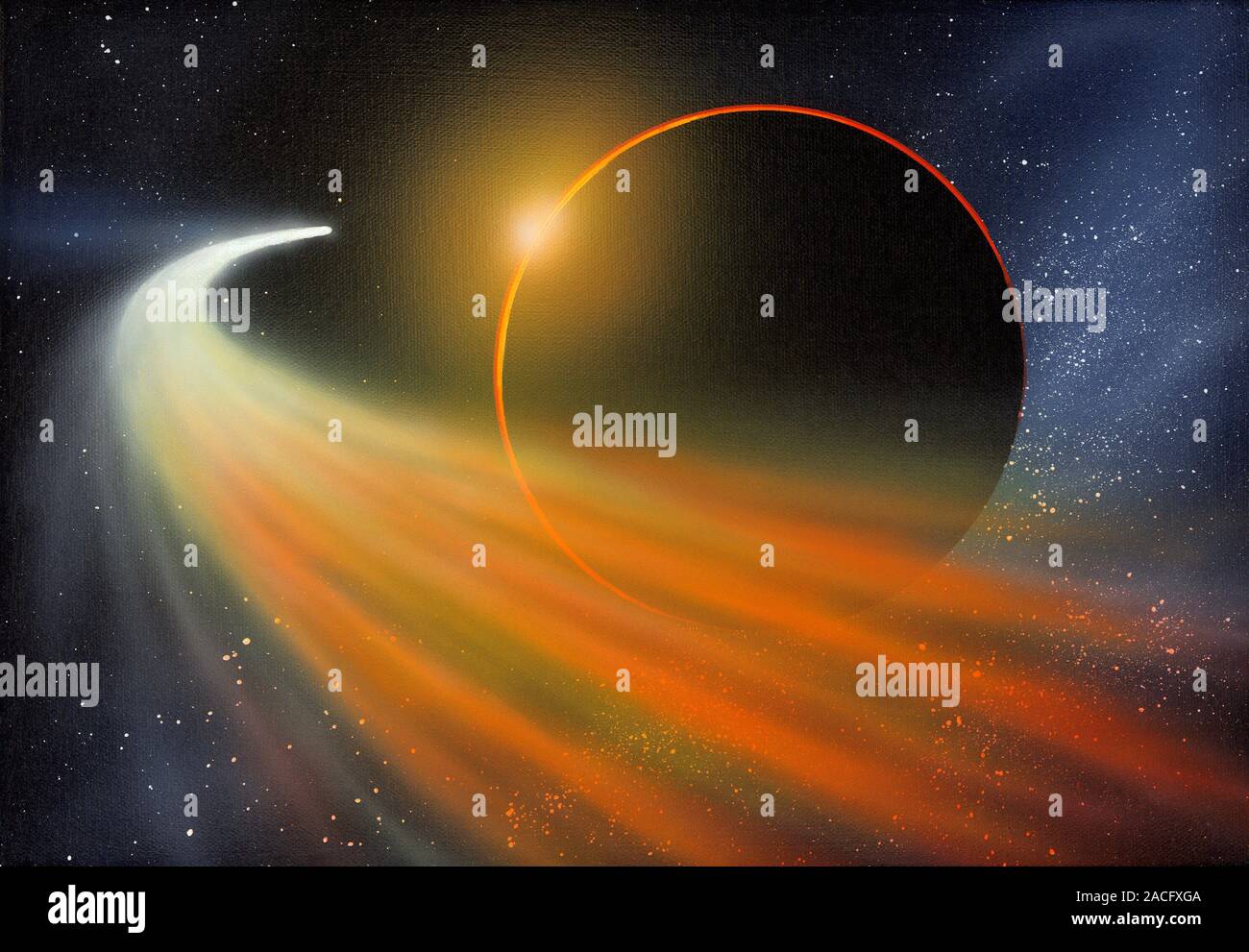 Comet passing a planet, artwork. The planet is passing in front of ...