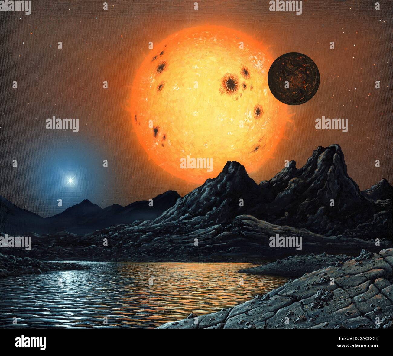 Alien landscape. Artwork of a lake and mountains on an alien planet in ...