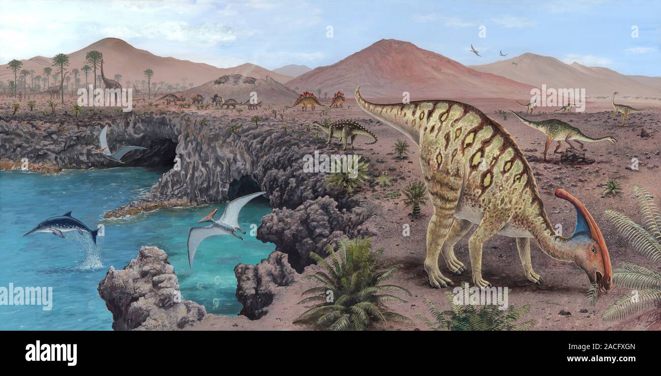 Mesozoic reptiles. Artwork of some of the dinosuars and flying and ...