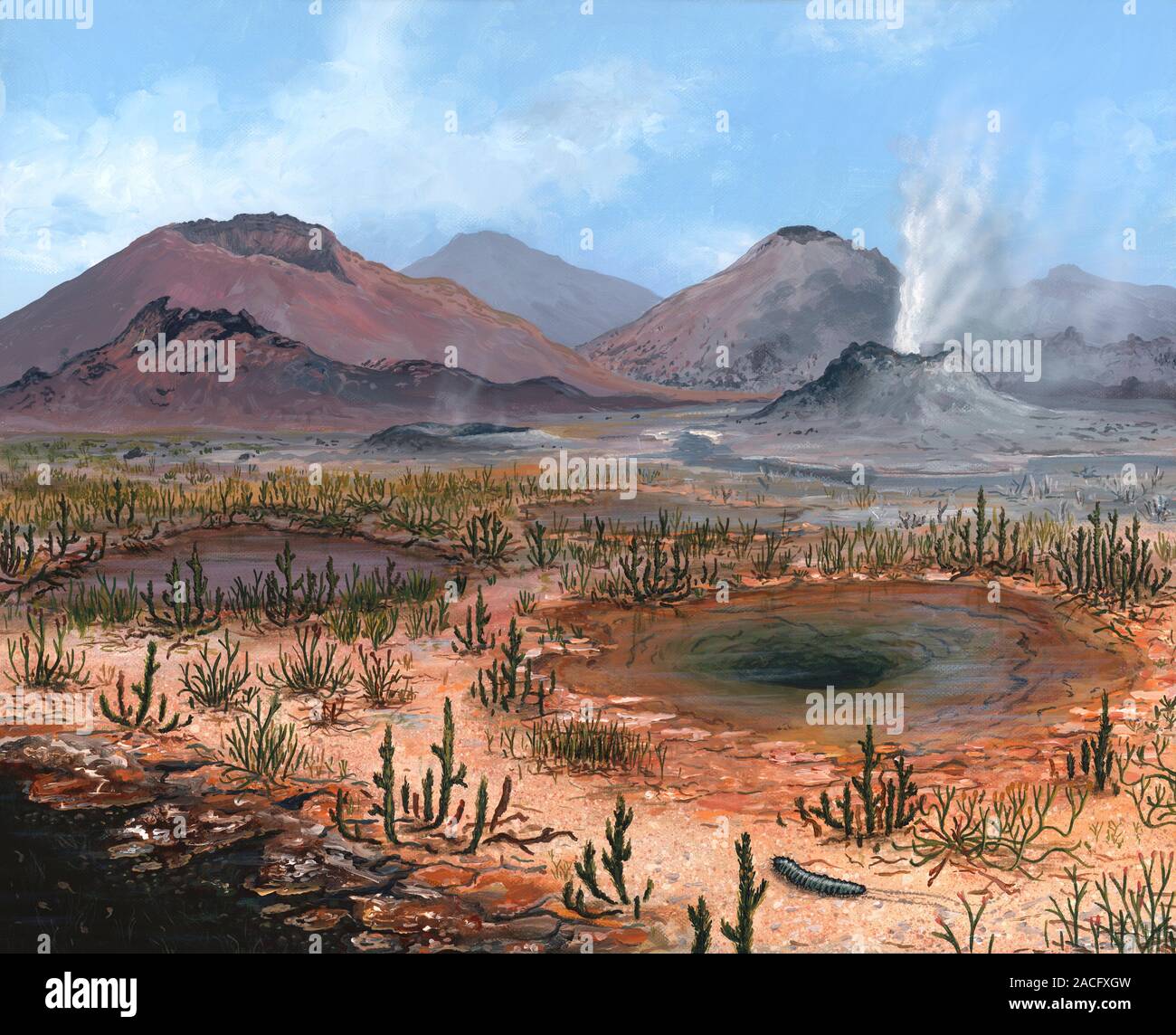 Late Devonian landscape. Artwork of wetland plants, and fumaroles ...