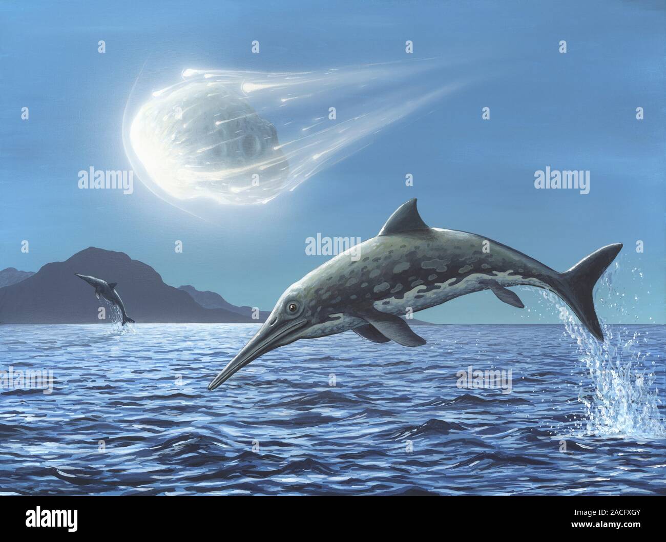 Cretaceous-Tertiary extinction event. Artwork of an asteroid creating a ...