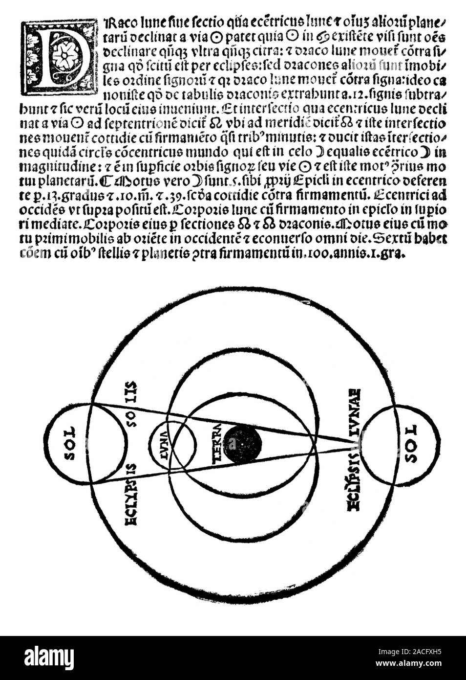 Solar and lunar eclipses. Historical artwork with Latin text showing ...