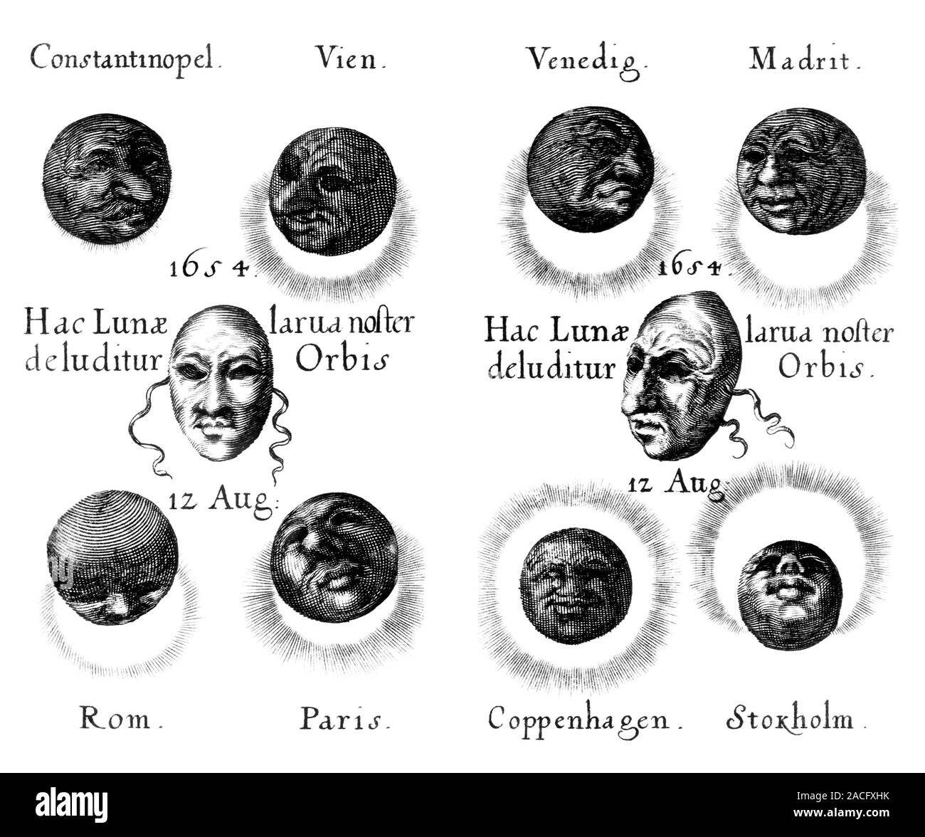 Solar eclipse. Historical artwork showing the extent of the solar ...