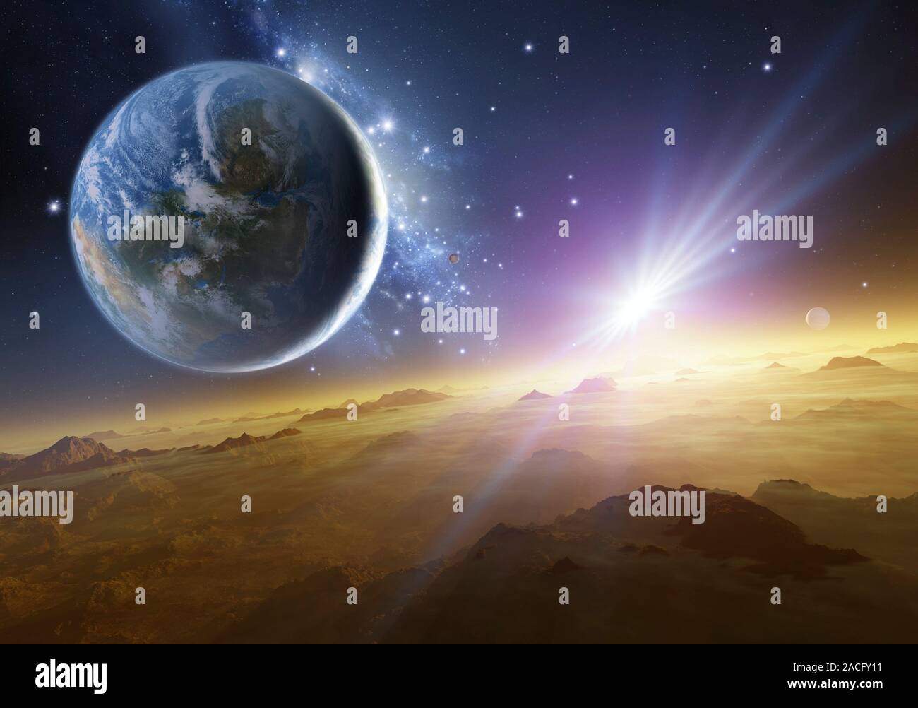 Earth-like planet. Computer artwork of an Earth-like planet as seen ...