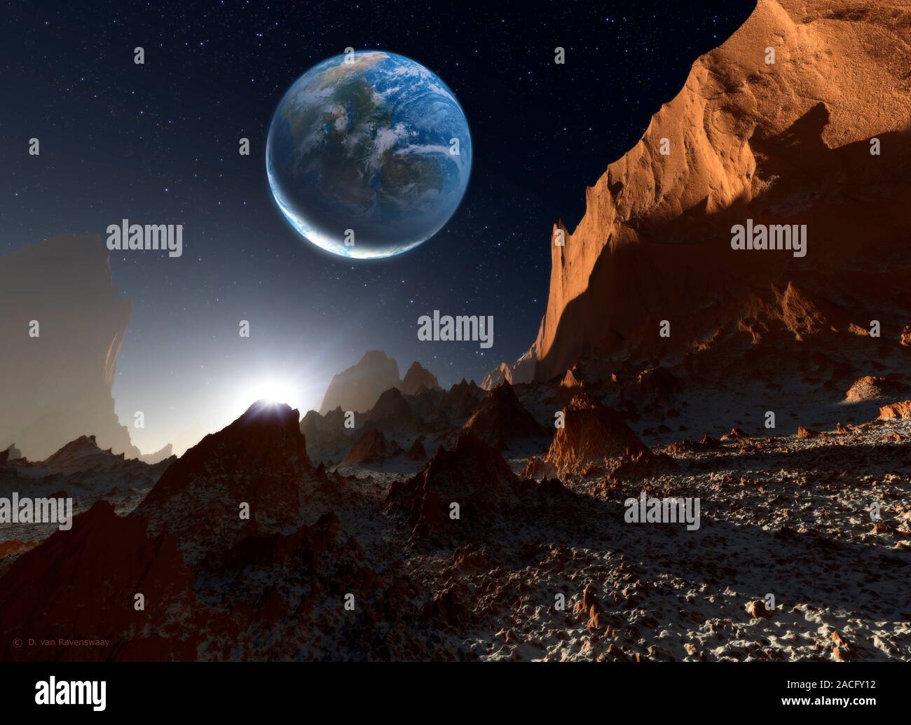 Alien landscape. Computer artwork of an Earth-like planet as seen from ...
