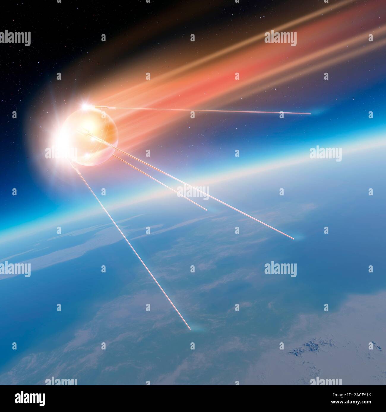 Sputnik 1 satellite. Computer artwork of Sputnik 1 re-entering Earth's ...