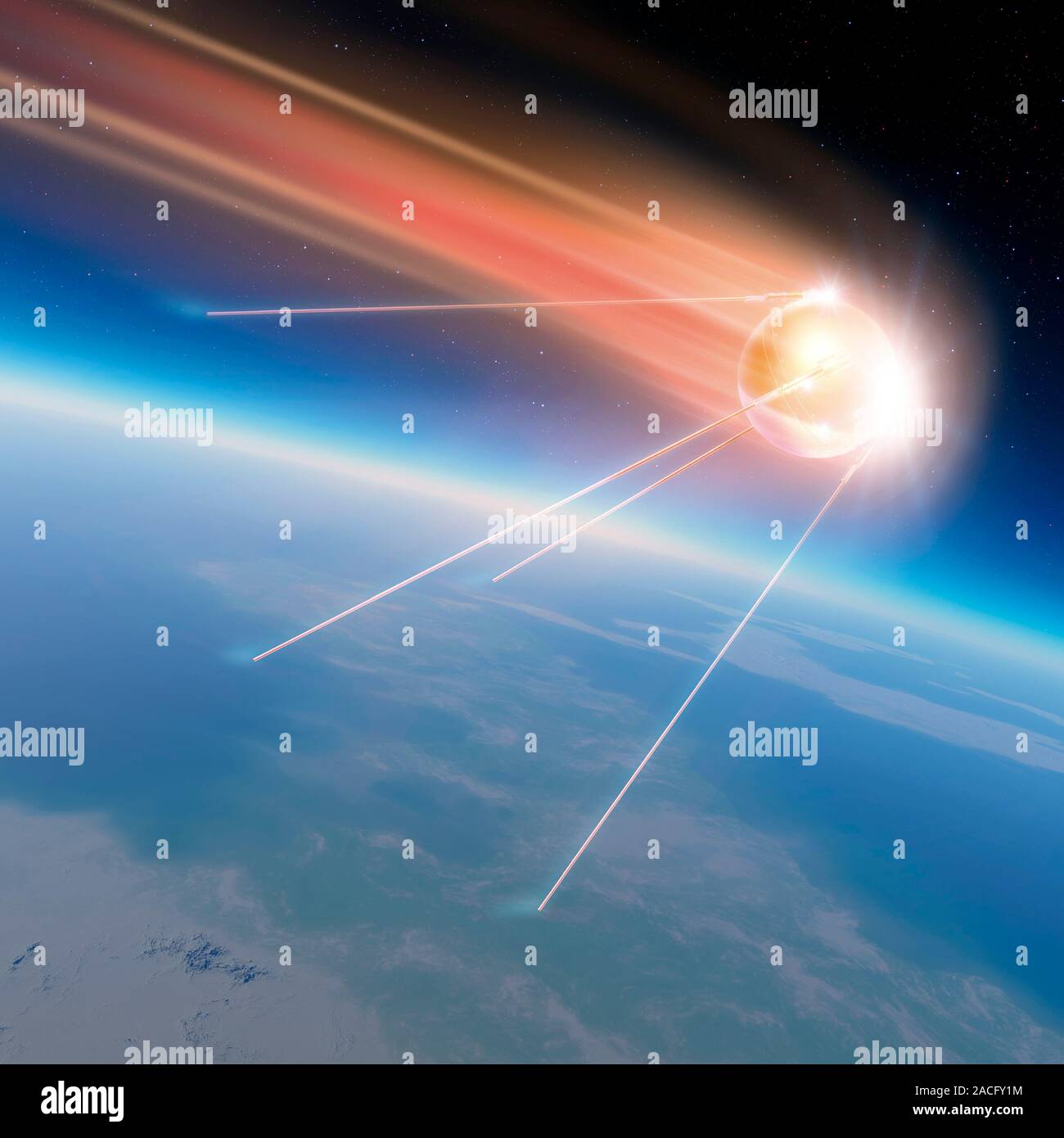 Sputnik 1 satellite. Computer artwork of Sputnik 1 re-entering Earth's ...