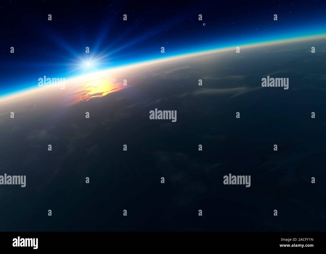 Sunrise over Earth. Computer artwork of the Sun (upper left) rising ...