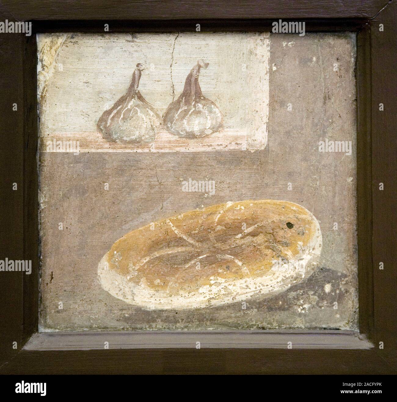 Roman fresco showing a loaf of round Roman bread with two figs in the ...