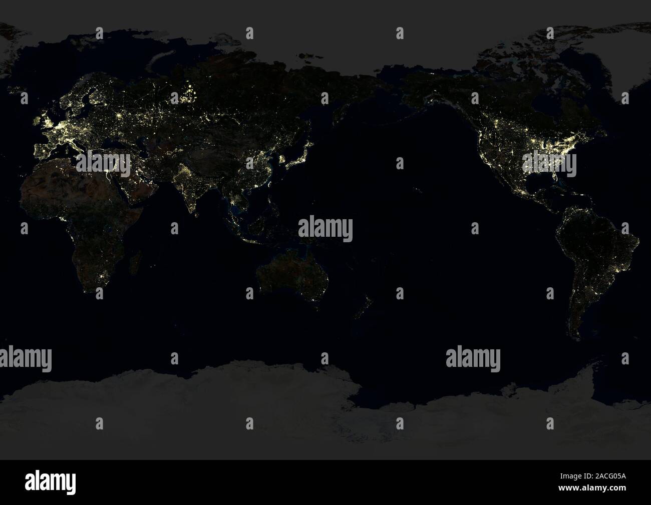 Whole Earth map at night, satellite image. Here, the Pacific Ocean is ...