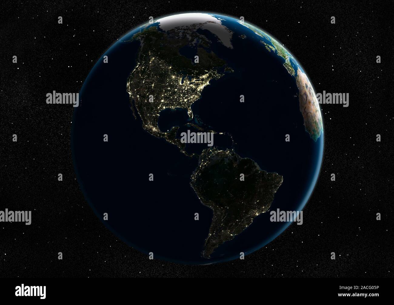 The Americas at night. Satellite image of the Earth seen at 06:00 (6am ...