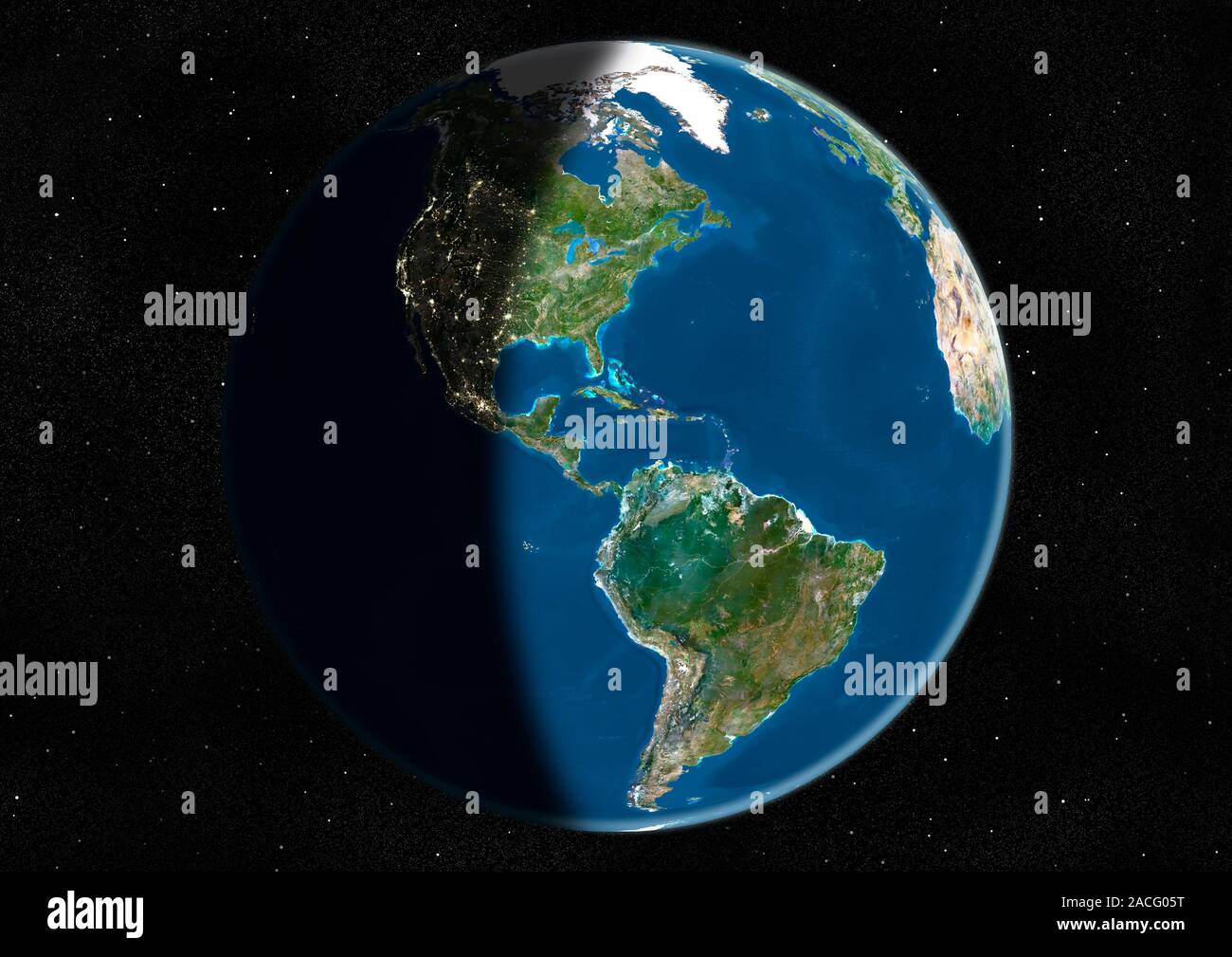 The Americas. Satellite image of the Earth seen at 12:00 (noon) GMT ...