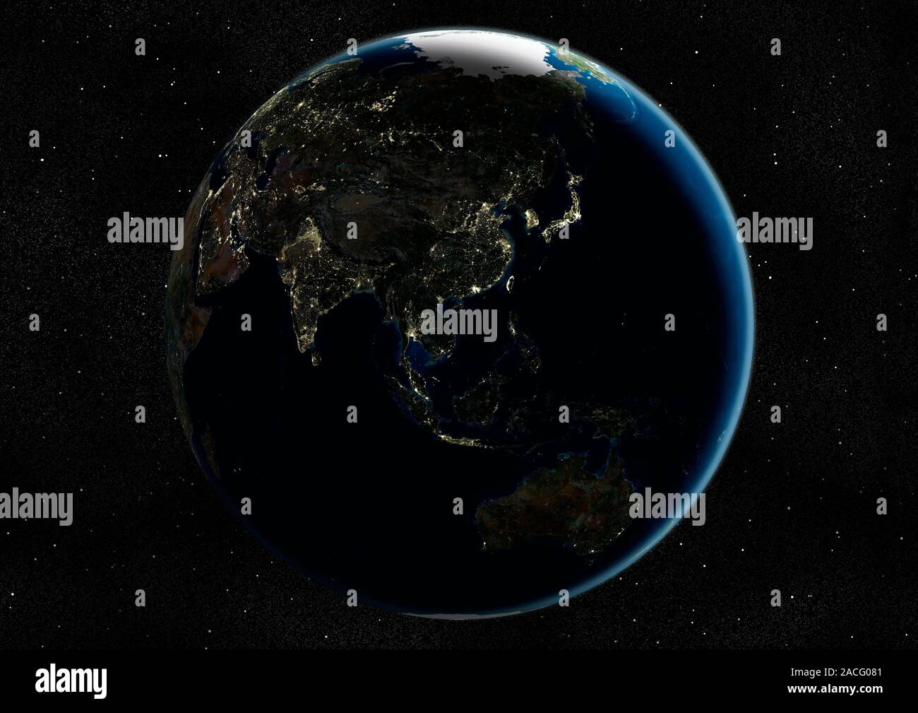 Southeast Asia at night. Satellite image of the Earth seen at 18:00 ...