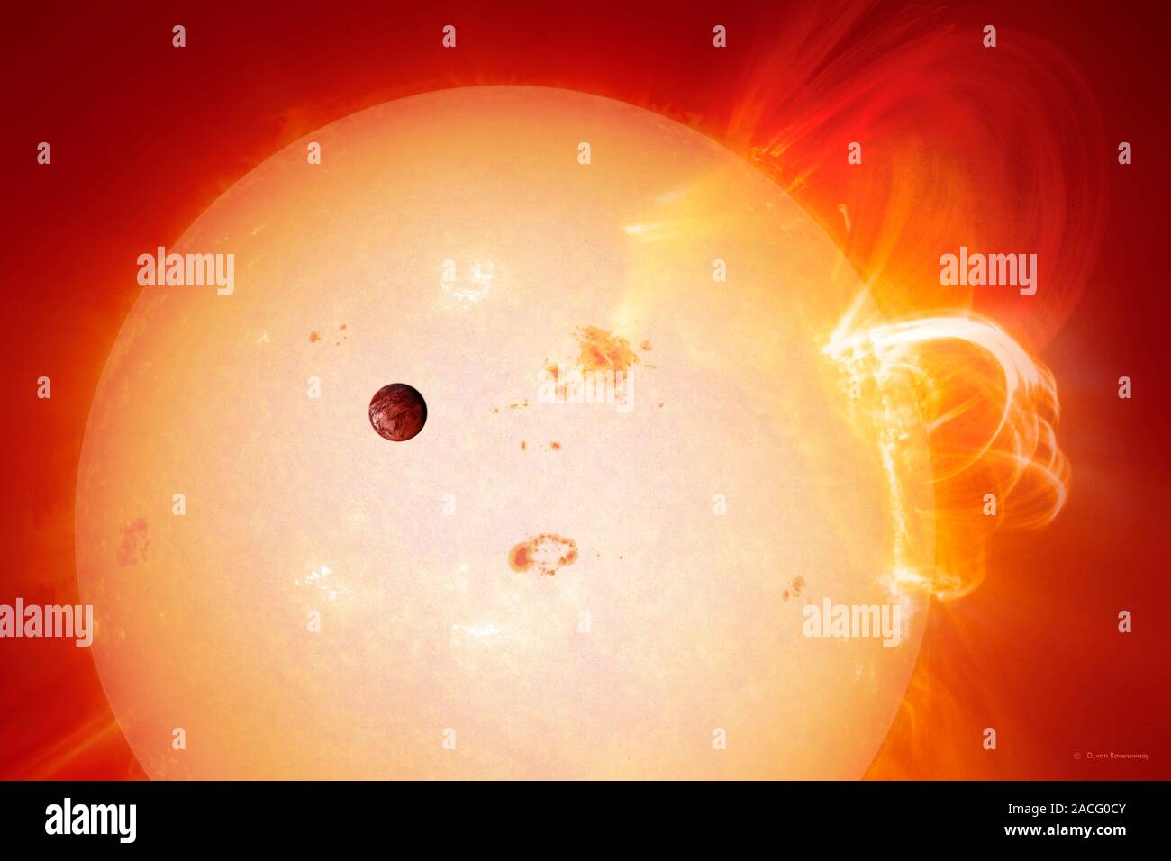 Earth-like planet and star. Artwork of an Earth-like terrestrial planet ...