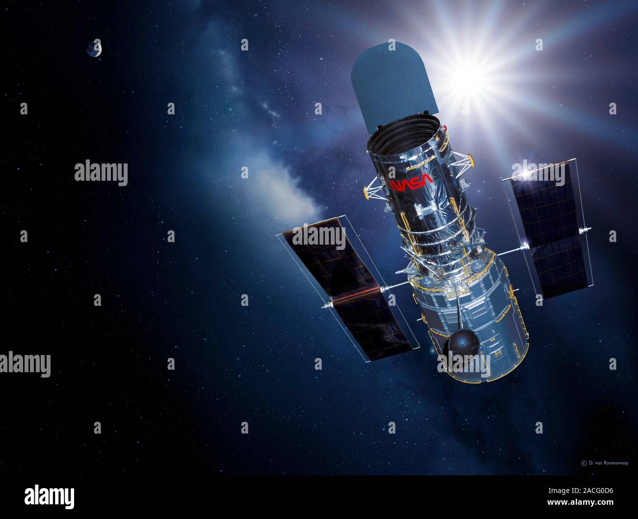 Hubble Space Telescope (HST) in Earth orbit, artwork. The Milky Way is ...
