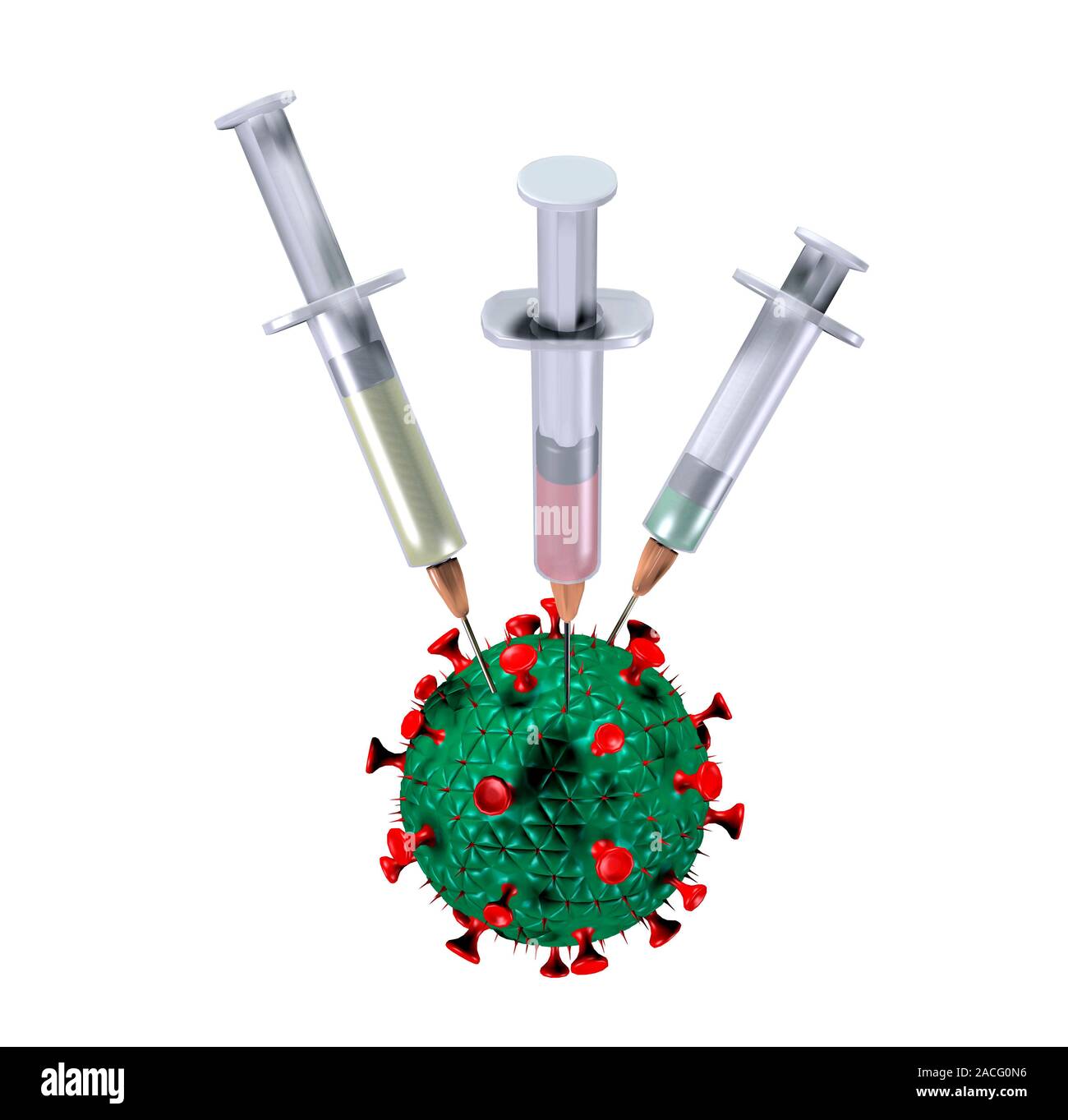 Vaccination, conceptual computer artwork. Virus particle being injected ...