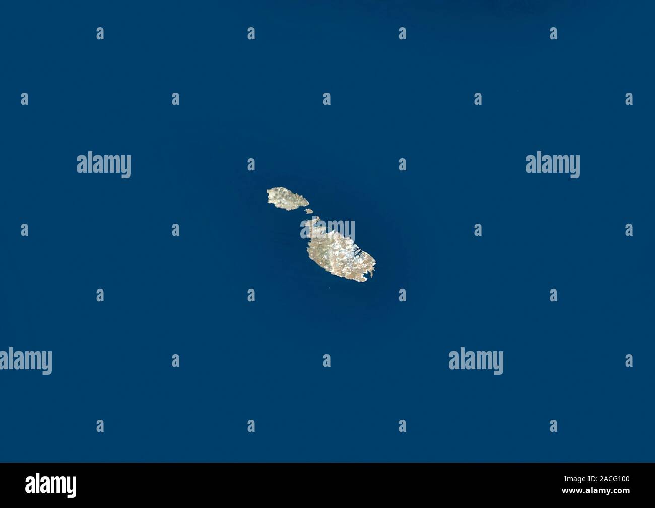 Malta, satellite image. North is at top. Water is blue, vegetation is ...