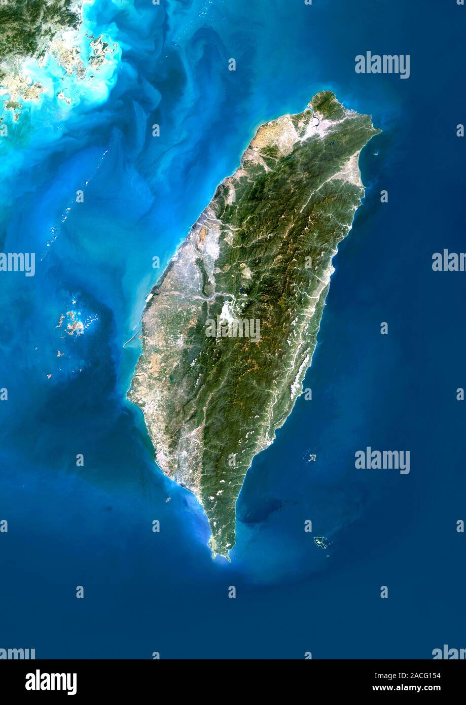 Taiwan, satellite image. North is at top. Water is blue, vegetation is ...