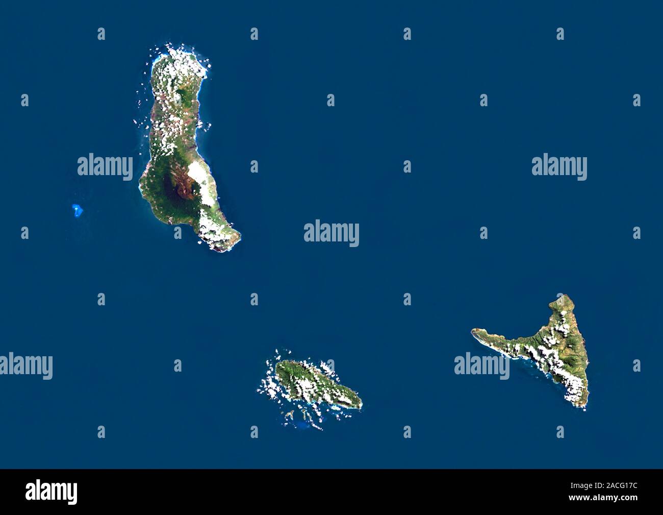 Comoro Islands, satellite image. North is at top. Water is blue ...
